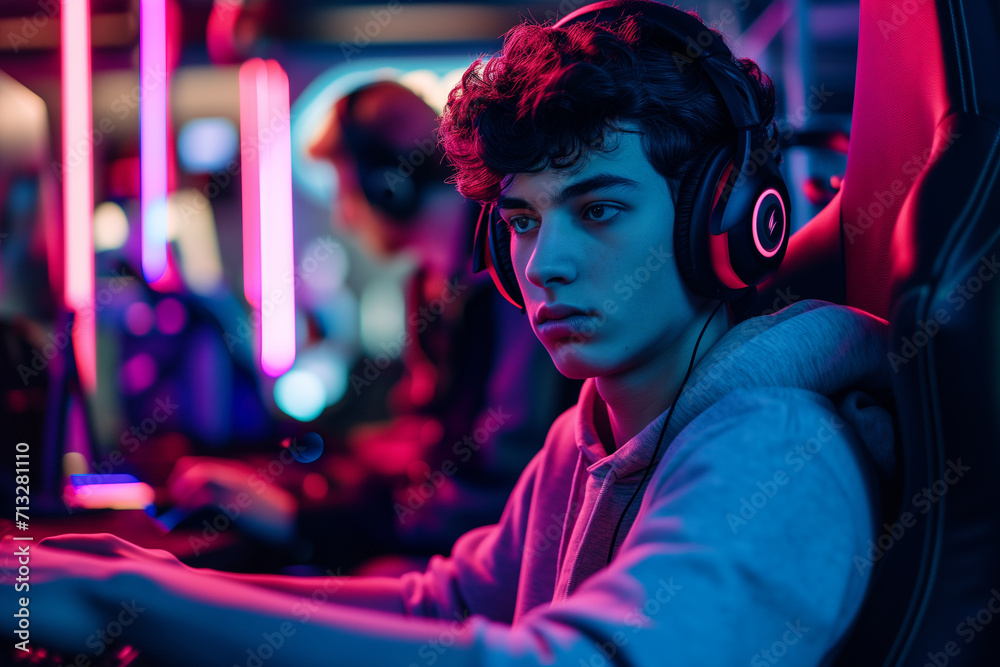 Professional Streamer young man cyber gamer studio room with personal ...