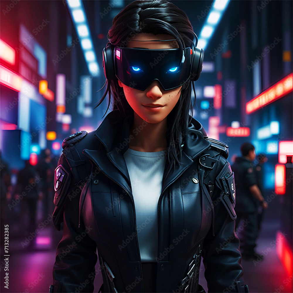 Cyberpunk girl cyborg in the futuristic city 3d render animated girl ...