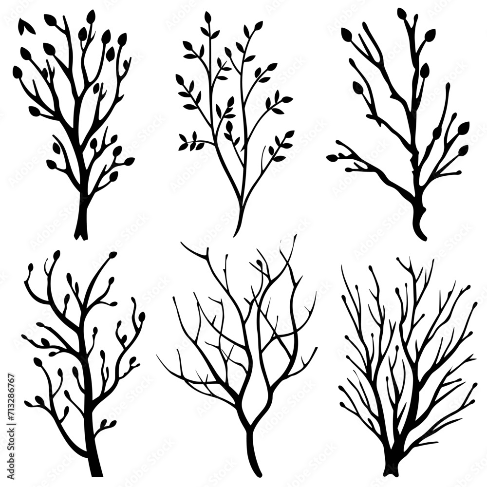 Branches sketch set. Hand drawn graphic plants. Vector illustration of ...