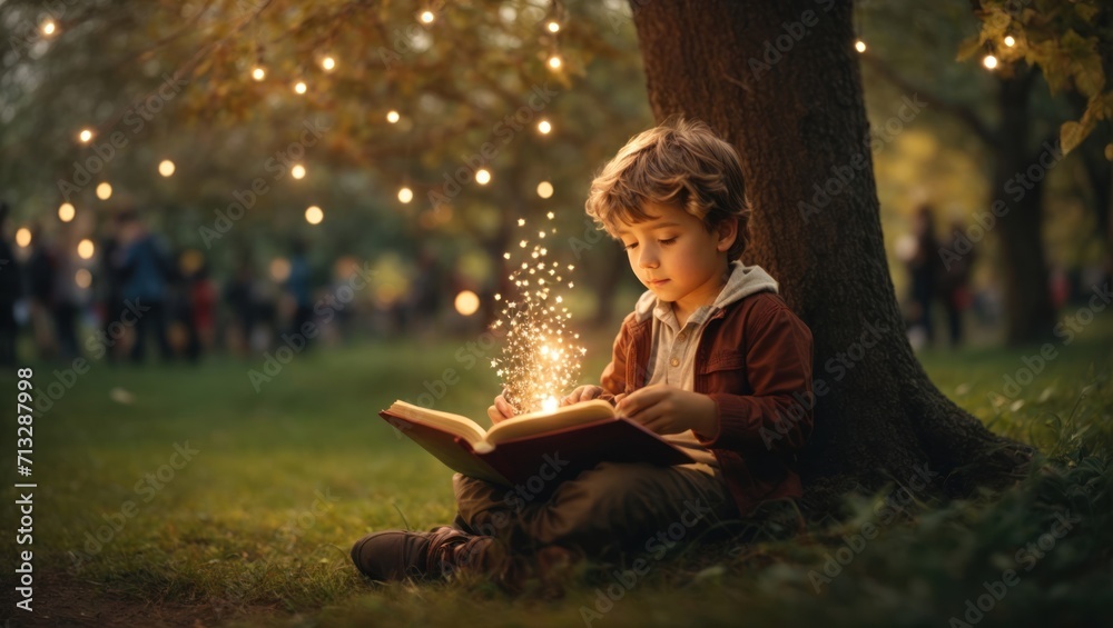 Little boy under a tree reading a magic book Stock Photo | Adobe Stock