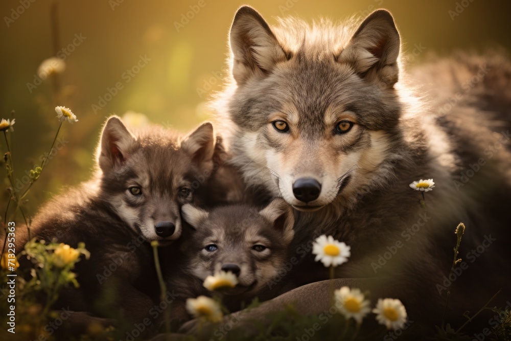grey mother wolf with her young ones, cozy cuddles together in her lair ...