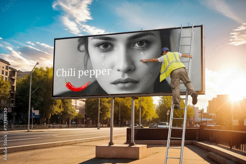 Sun flare, billboard on street, portrait of girl crying from chili ...