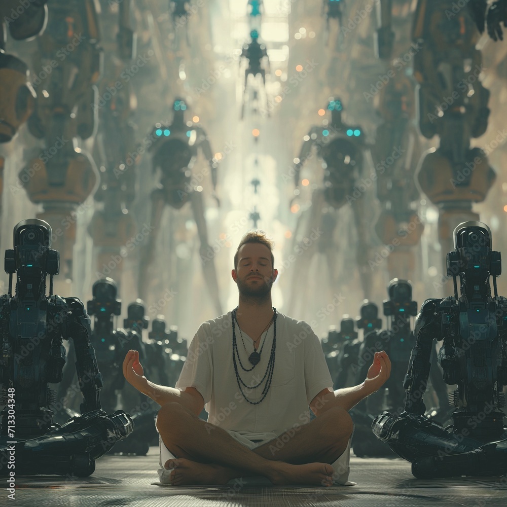 Man is sitting in a meditation pose against the background of crowd of ...