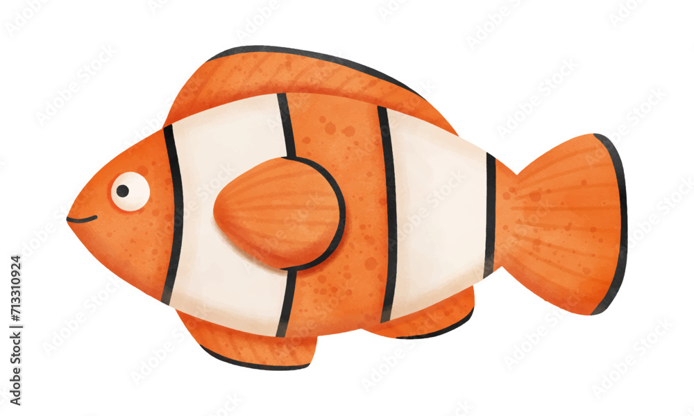 Watercolor of cute cartoon clown fish. Vector illustration isolated on ...