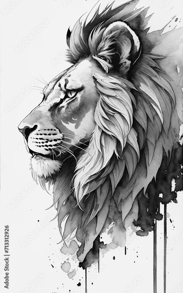 sketh portrait of african lion, profile pencil drawing art back and ...