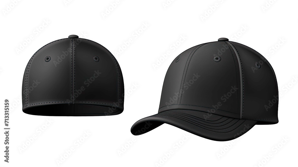 Set of black front and side view hat baseball cap on transparent ...