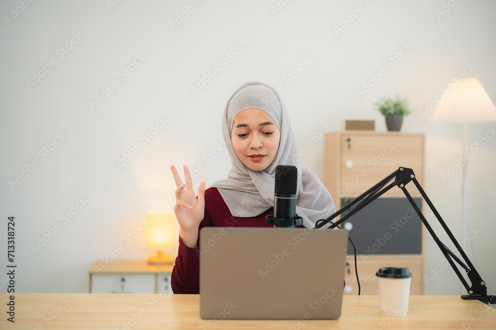 Muslim Islam freelance entrepreneur woman wearing hijab and talking ...