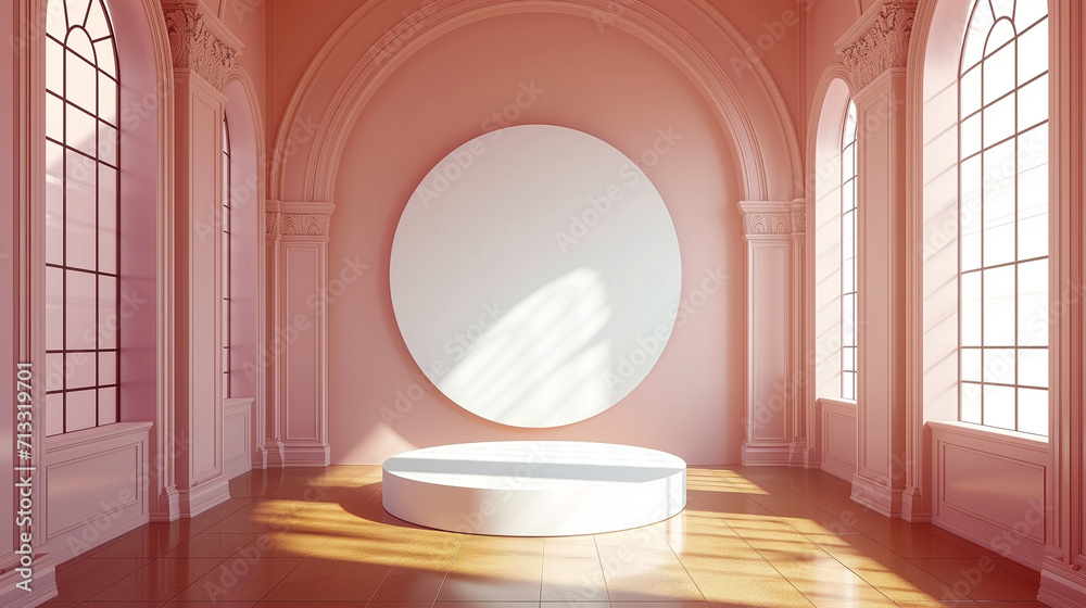 3d empty product display podium for presentations. Warm sunlight ...