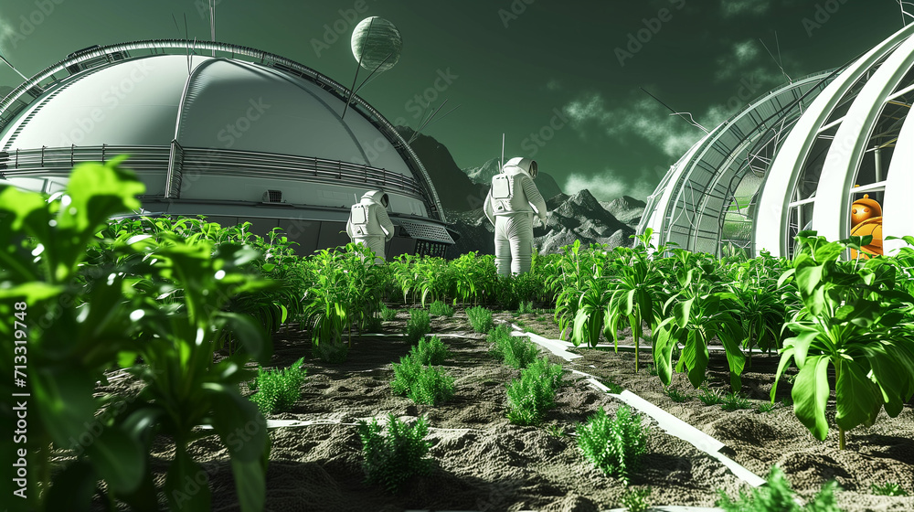 Astronauts Tending to Space Agriculture in a Martian Greenhouse Dome ...