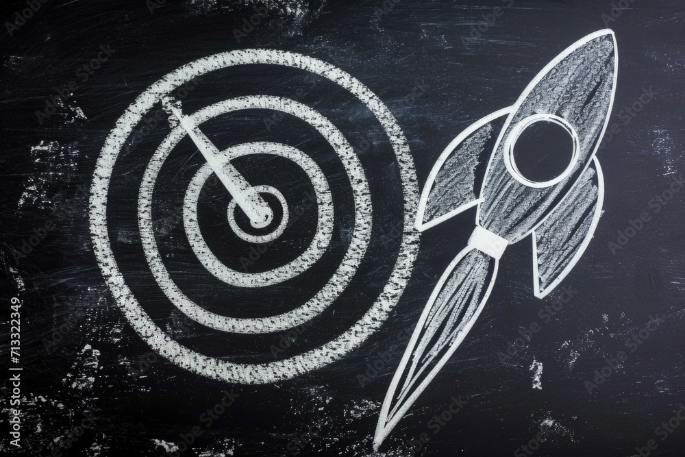 Rocket and target drawn with chalk on blackboard background, business ...