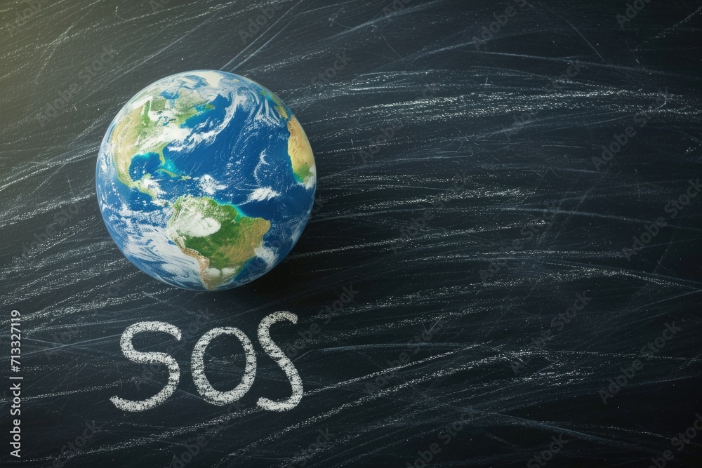 SOS planet earth on blackboard, concept of environmental preservation ...
