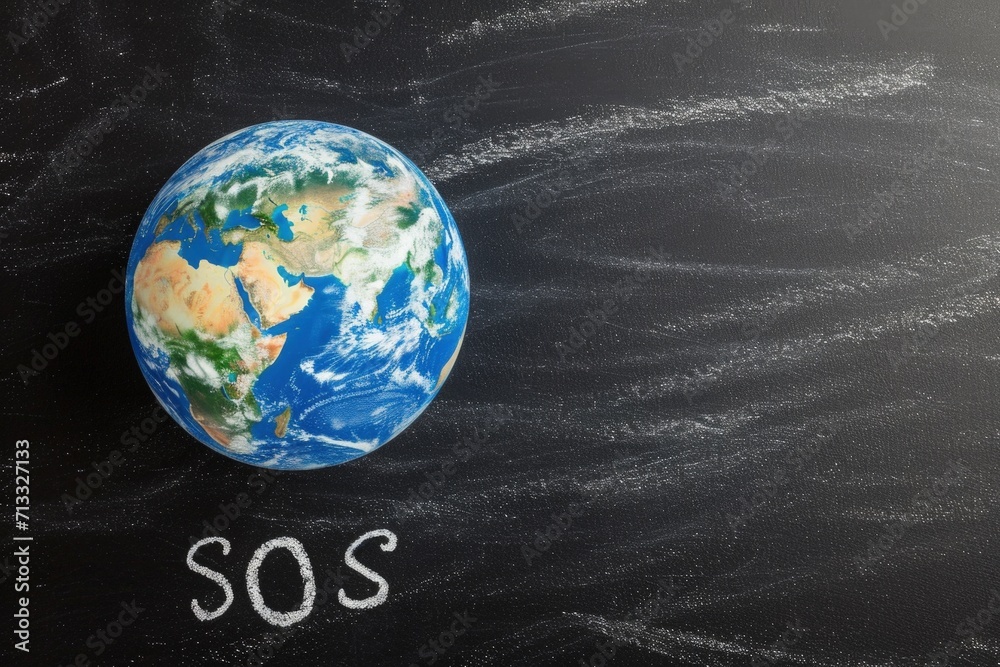 SOS planet earth on blackboard, concept of environmental preservation ...