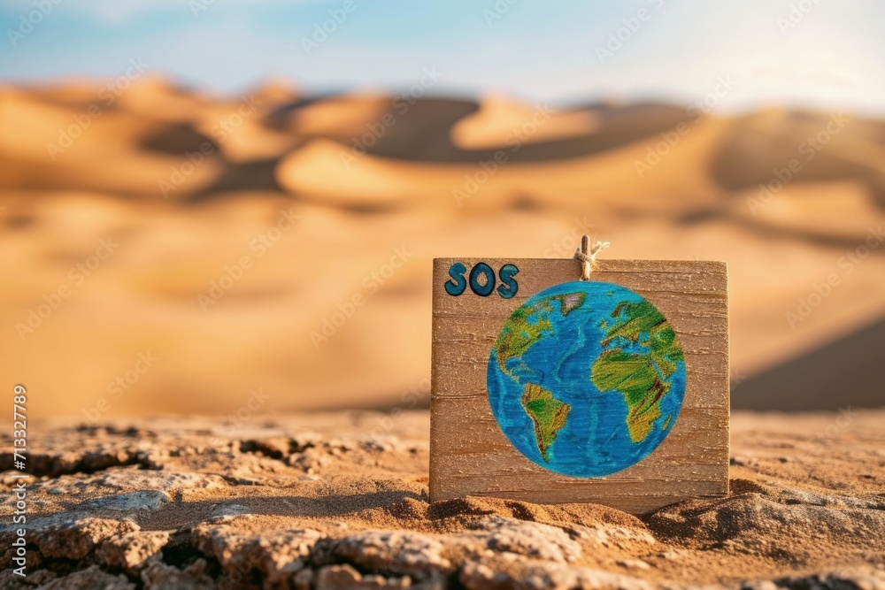 SOS written on a sign in the desert, save the planet, earth day. Stock ...