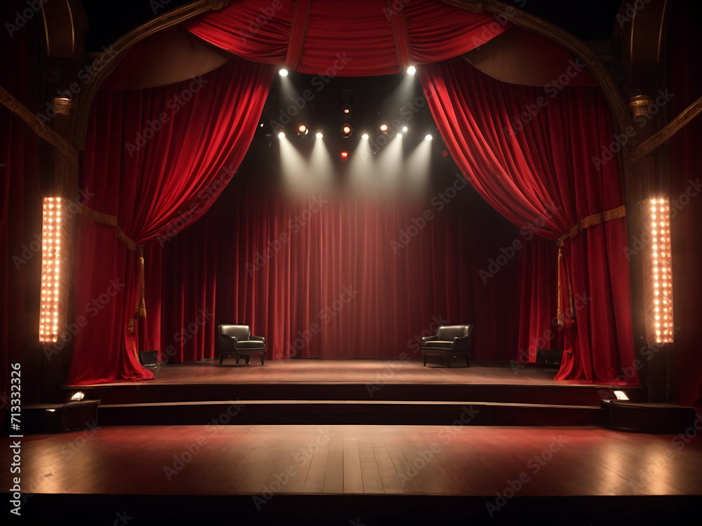 Theatre stage with red curtains, spotlights, and empty seating rows ...