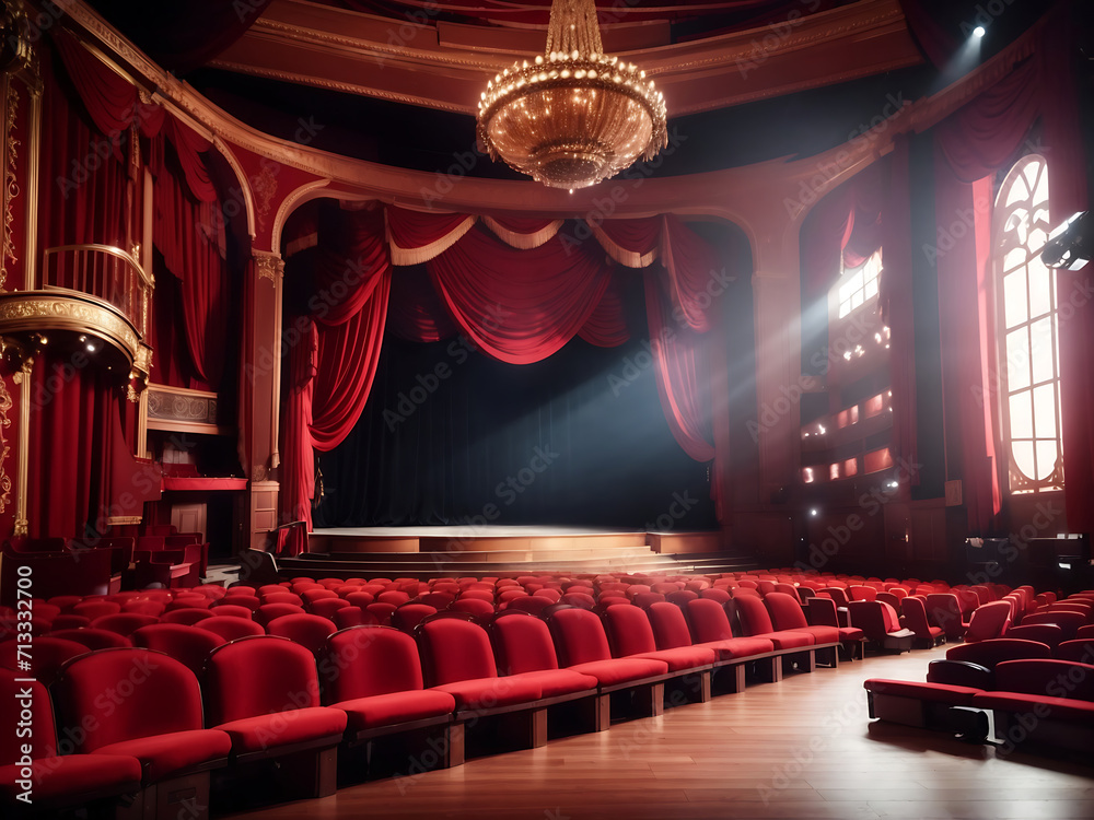 Theatre stage with red curtains, spotlights, and empty seating rows ...