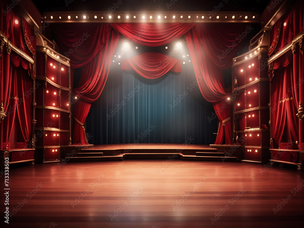 Theatre stage with red curtains, spotlights, and empty seating rows ...