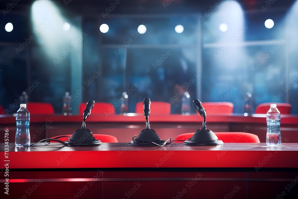 Press conference table with microphones equipment, empty chairs ...
