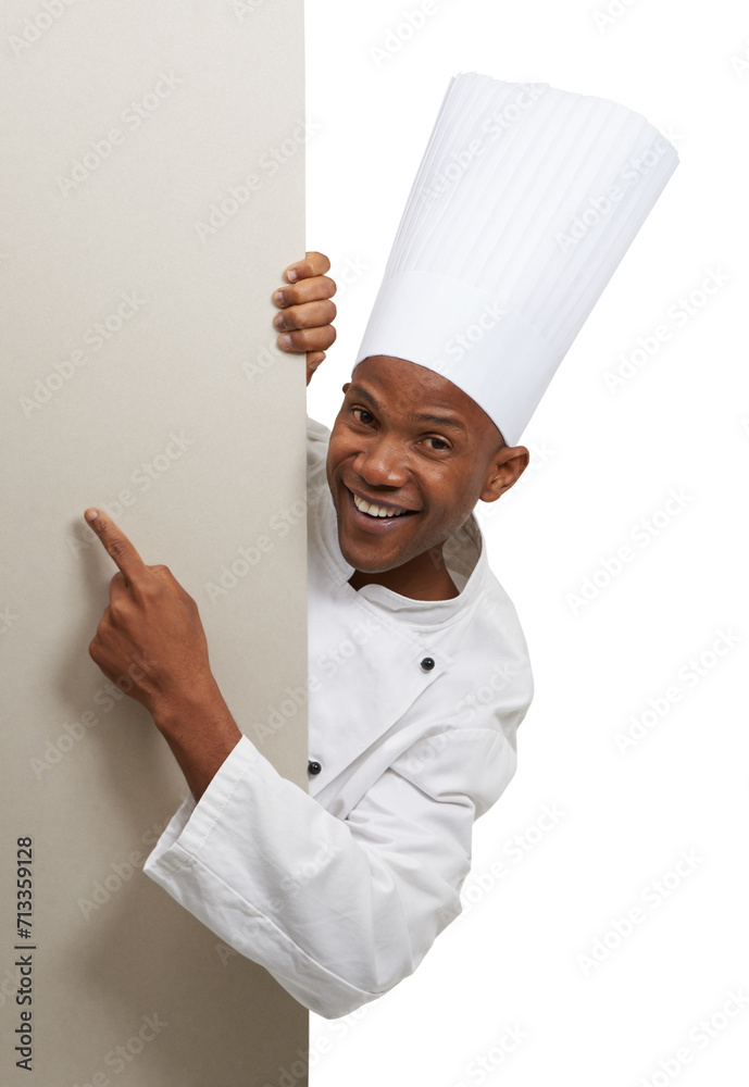 Portrait, poster and hand pointing by black man chef in studio for ...