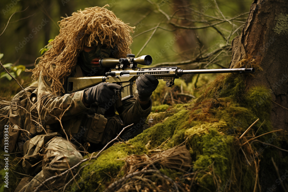 Army man sniper aiming with optical sight on rifle. Generative AI Stock ...