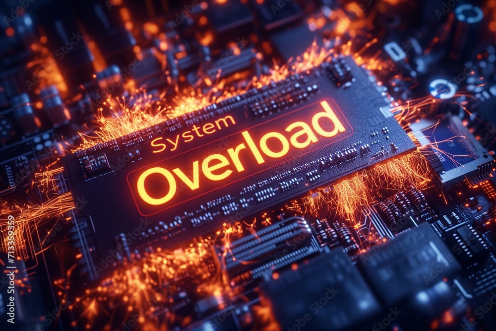 an overloaded, overheating electronic circuit board covered in sparks ...