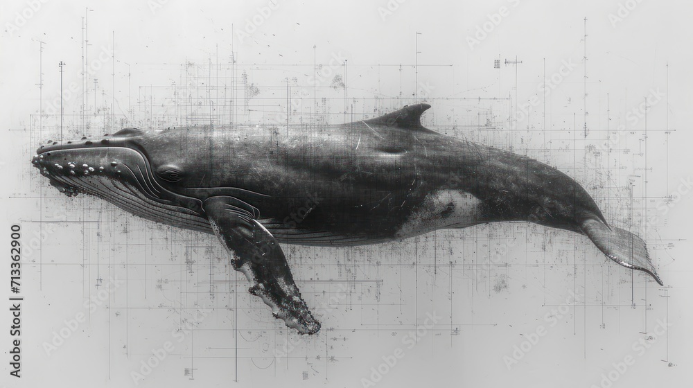 a drawing of a humpback whale in a black and white photo with a grid ...