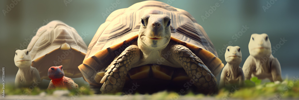 tortoise leading in a hare race in strategy and leadership concept ...