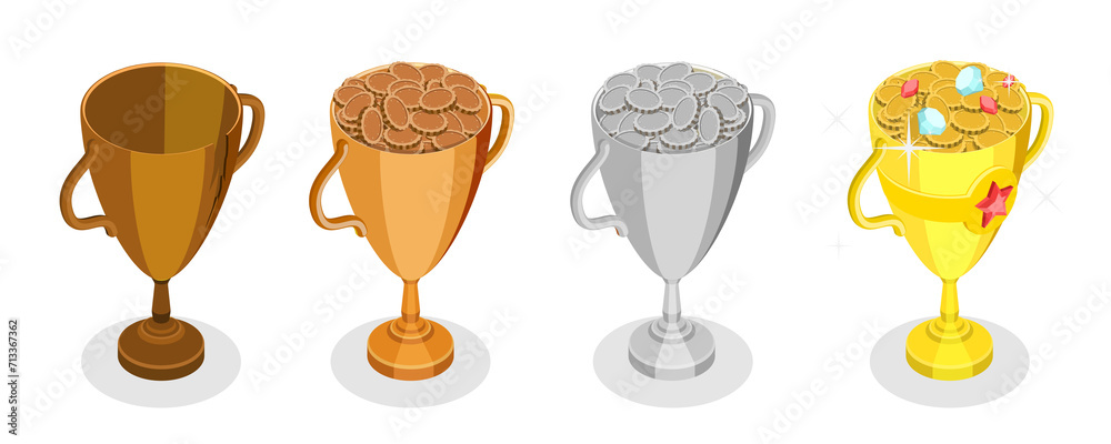 3D Isometric Flat Set of Rank Trophies, Gold, Silver, Bronze and Wooden ...