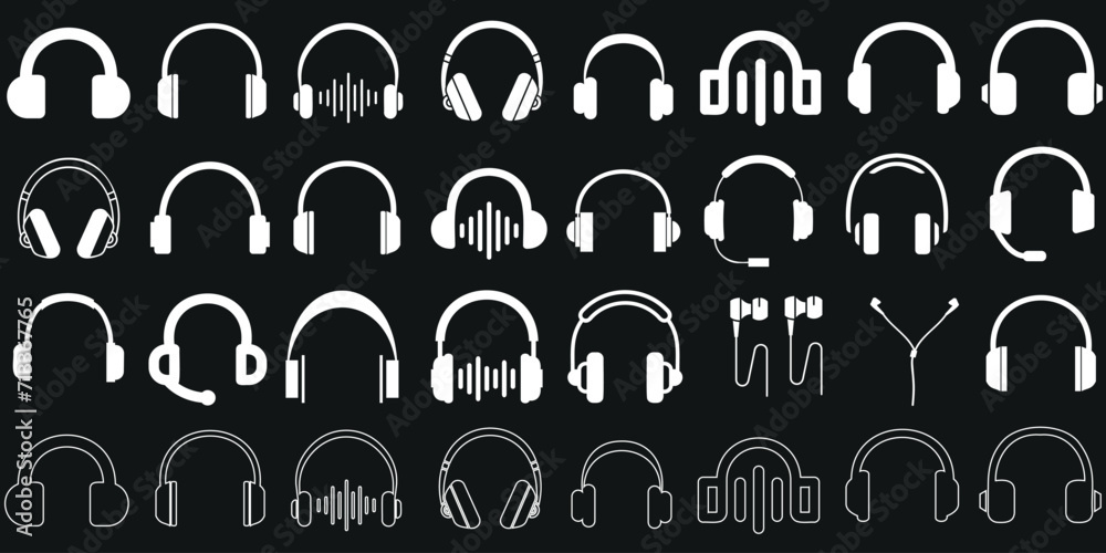 Headphone icons vector set, diverse styles: classic, modern, earbuds ...