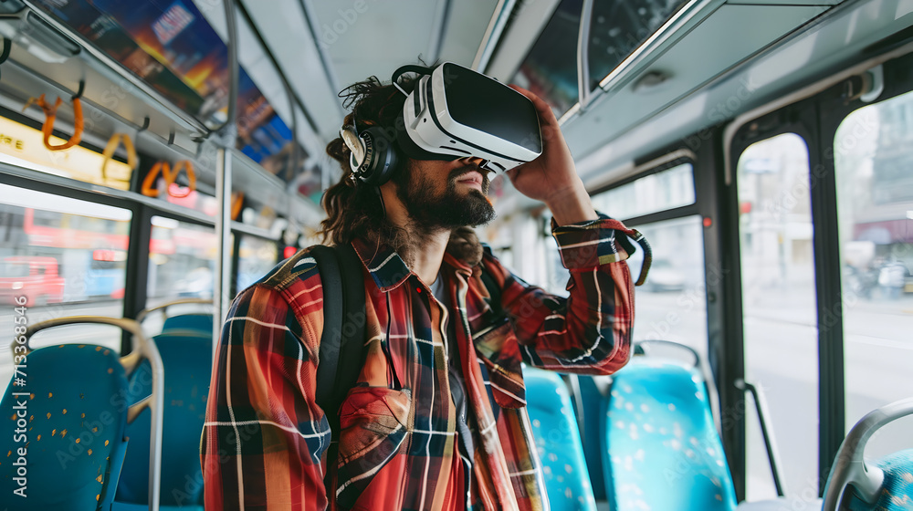 Photograph of one man at the bus wearing a VR headset. Stock ...