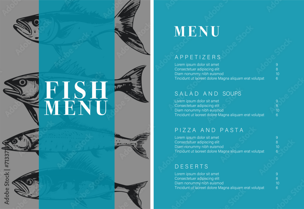 Fish restaurant menu template with hand-drawn fish. Sample design in ...