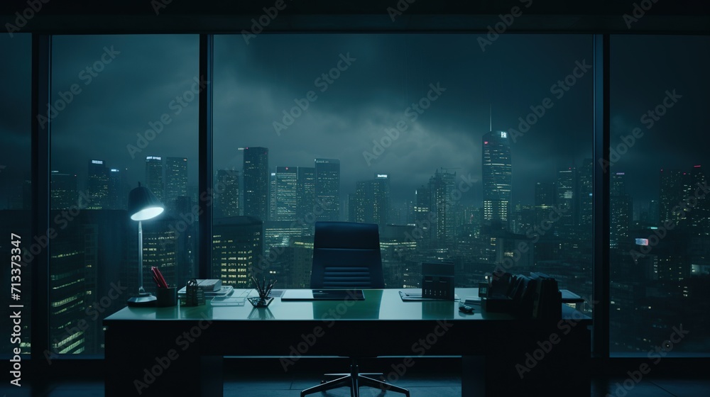 An empty office with a desk lamp on, set against the moody backdrop of ...
