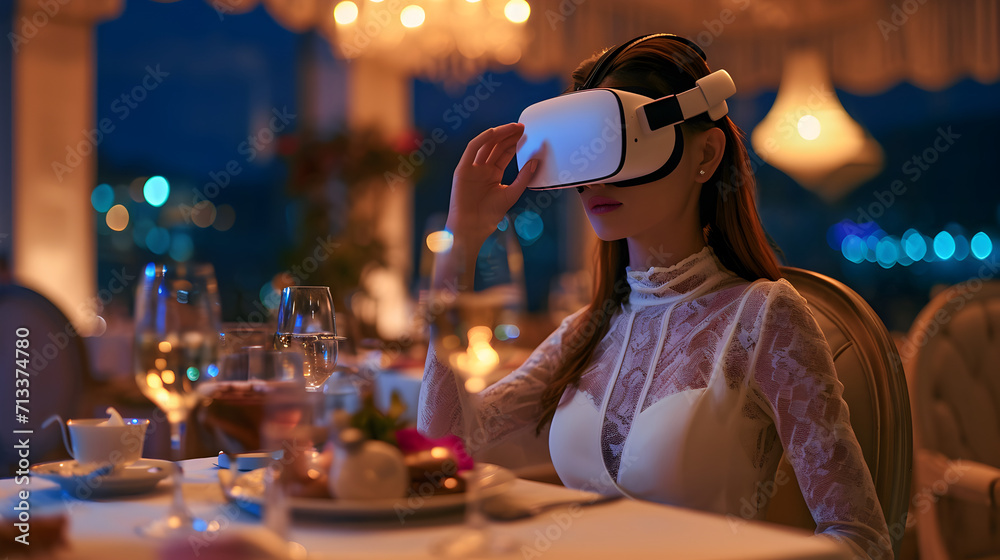 Photograph of one woman having romantic dinner at a restaurant wearing ...