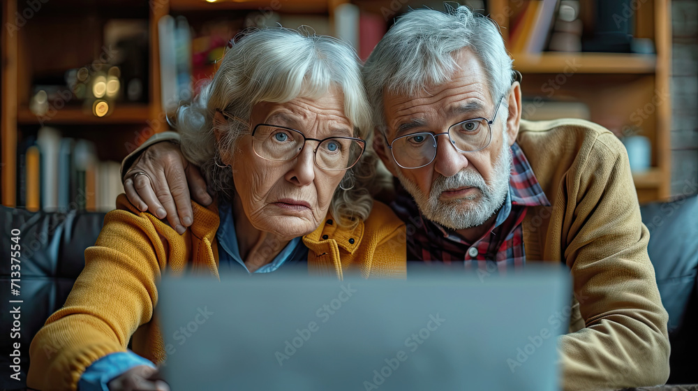 couple semi retired person, slumped over a compter frustrated by tech ...