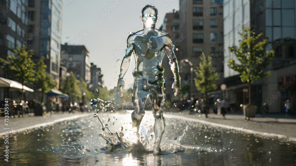 transparent man made of water walks through the city, water flows from ...