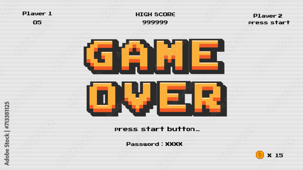 Game over press start button.pixel art .8 bit game.retro game. for game ...