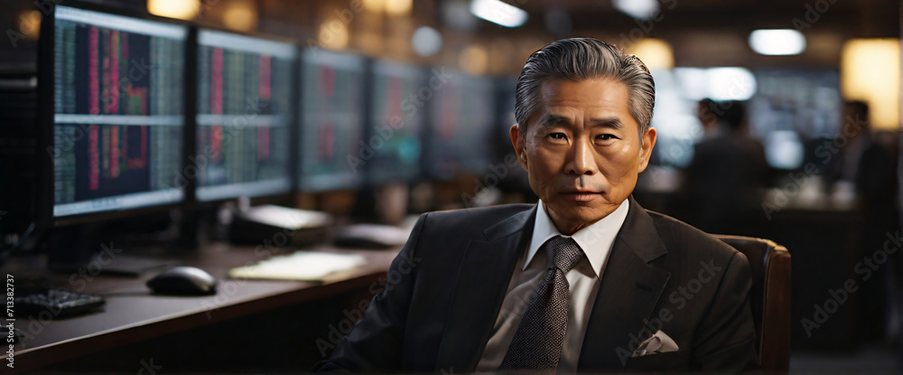 Old Chinese business people buying stocks wearing suits in an office ...