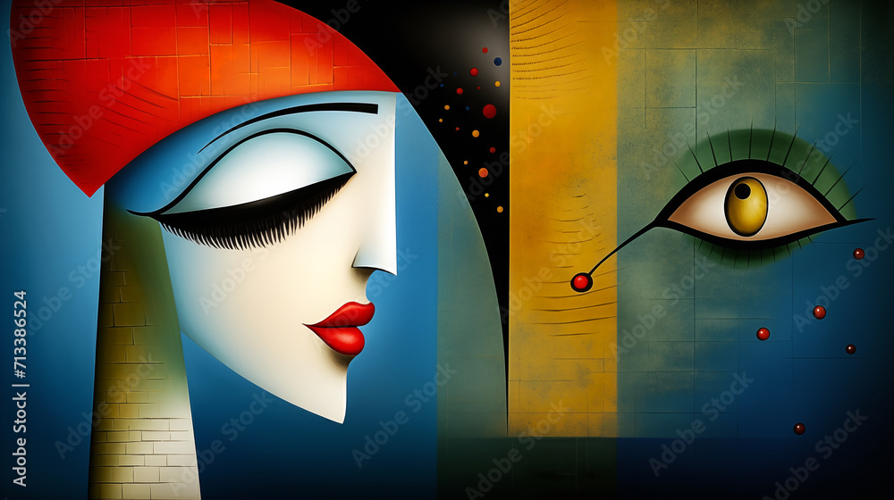 Abstract faces with contrasting artistic styles, featuring bold colors ...