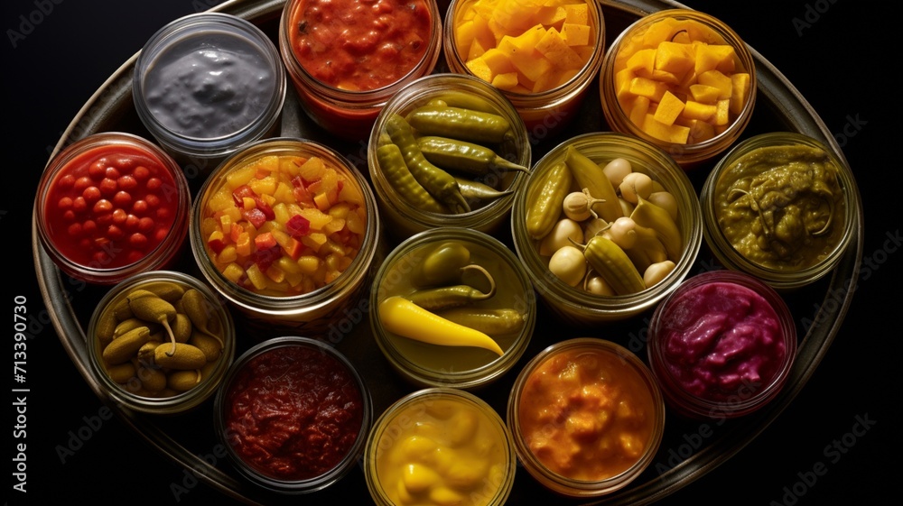 An overhead view of a colorful array of pickles and chutneys ...