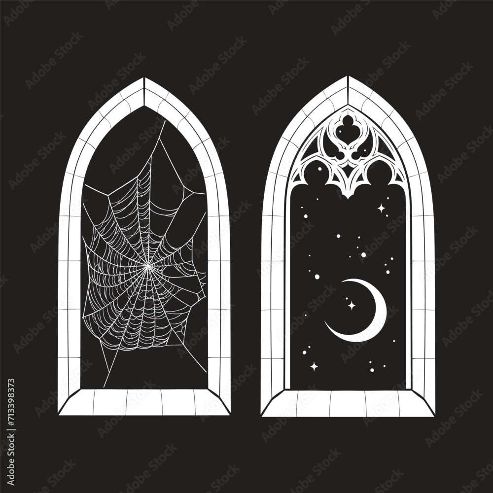 Gothic windows with cobweb and night sky with crescent moon hand drawn ...
