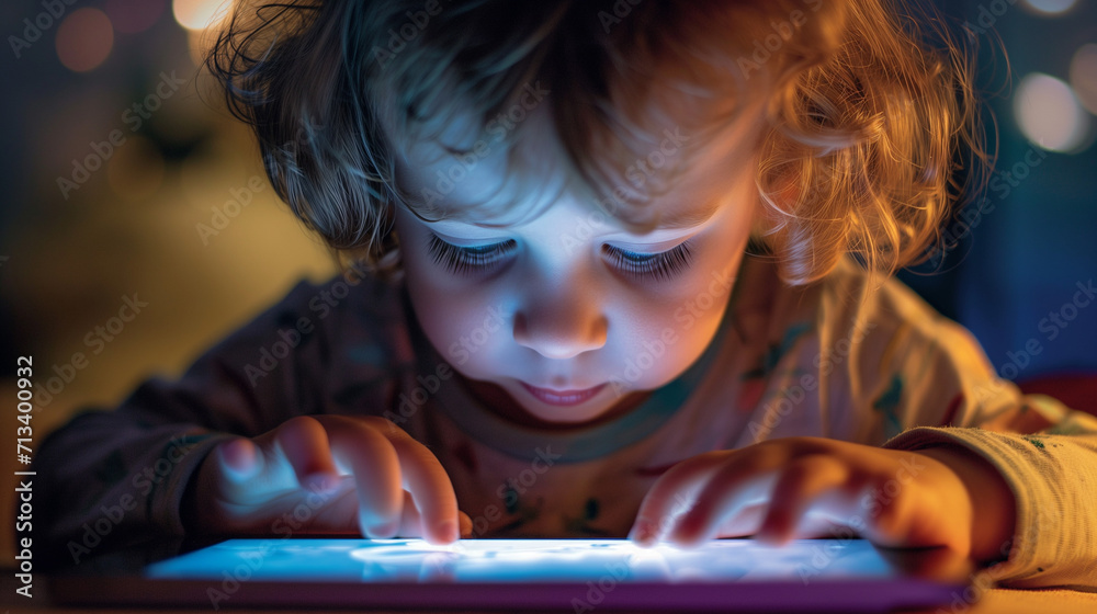 Kid playing of tablet mobile device. Light from tablet shining on their ...