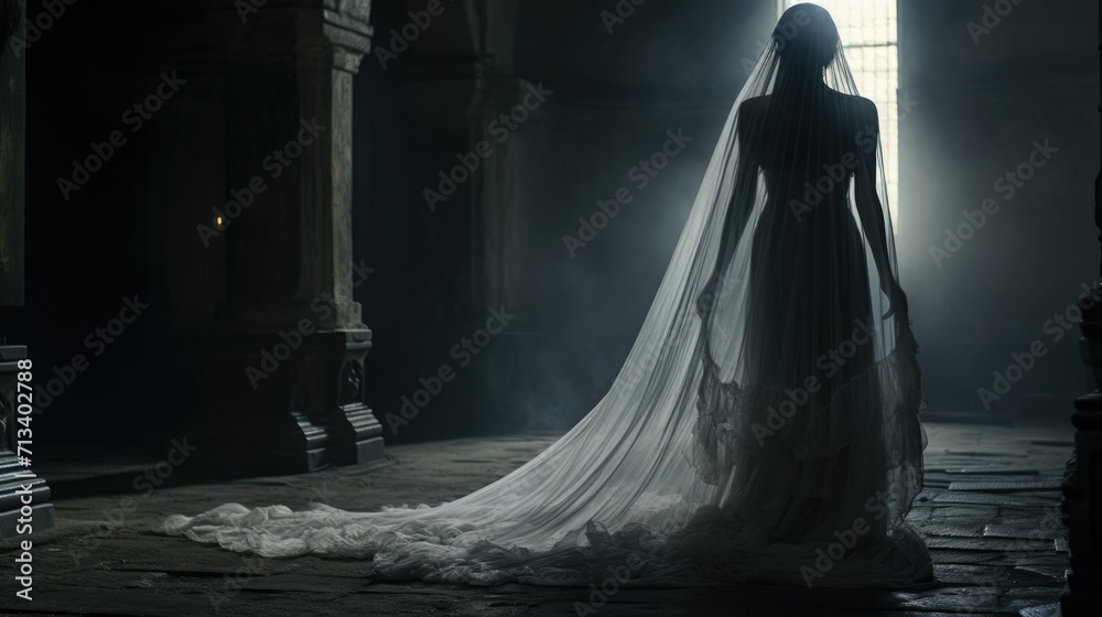 Female ghost silhouette. Beautiful scary horror scene. Mystery dead ...