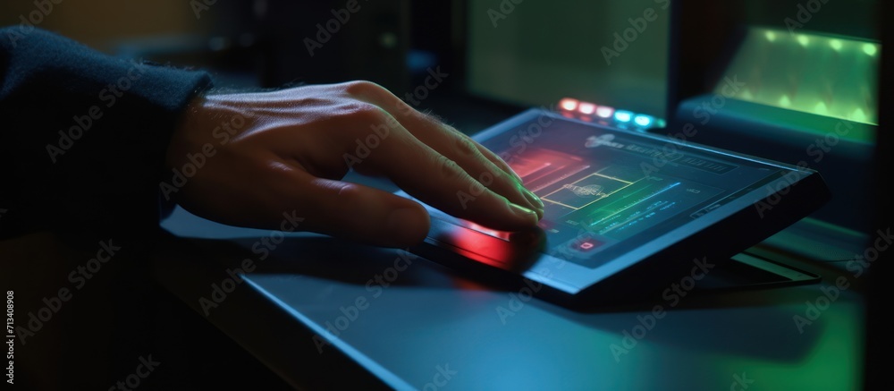hand on a biometric scanner granting secure access within an office ...
