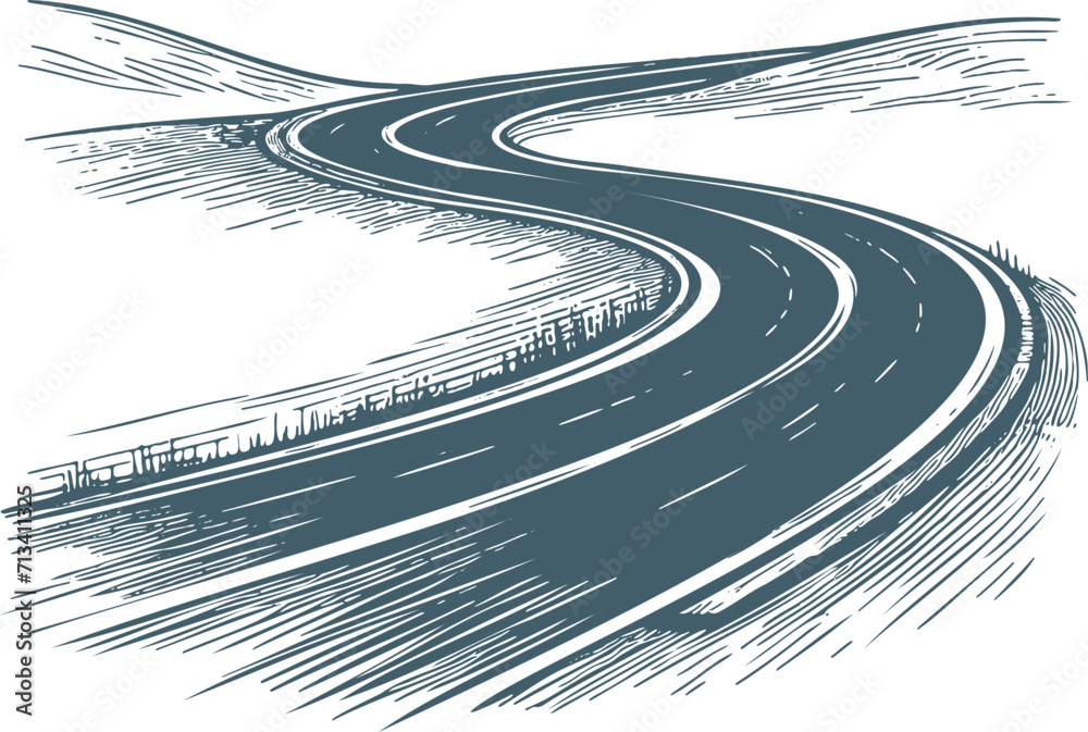 Vector graphic featuring a meandering paved road extending into the ...