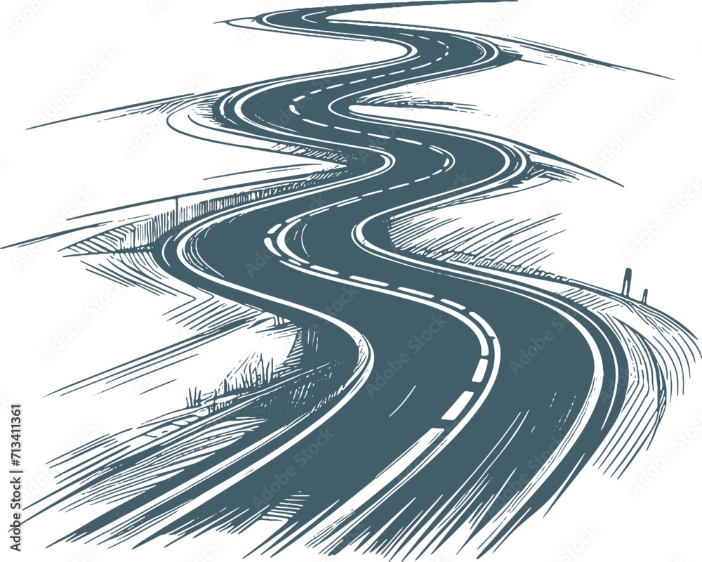 Vector drawing showcasing a curvy paved road in a simple and clean ...