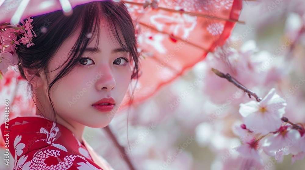 Japanese woman in a cherry orchard, traditional dress, spring blossom ...