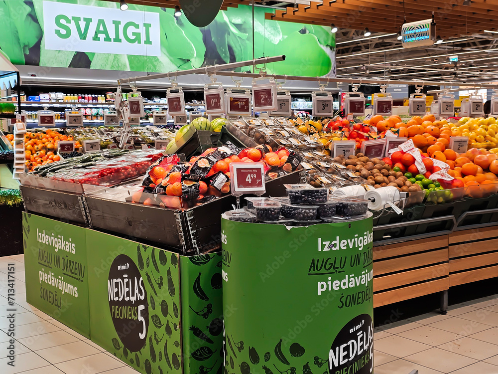 LATVIA, RIGA, 10, JANUARY, 2024: Interior of a large vegetable section ...