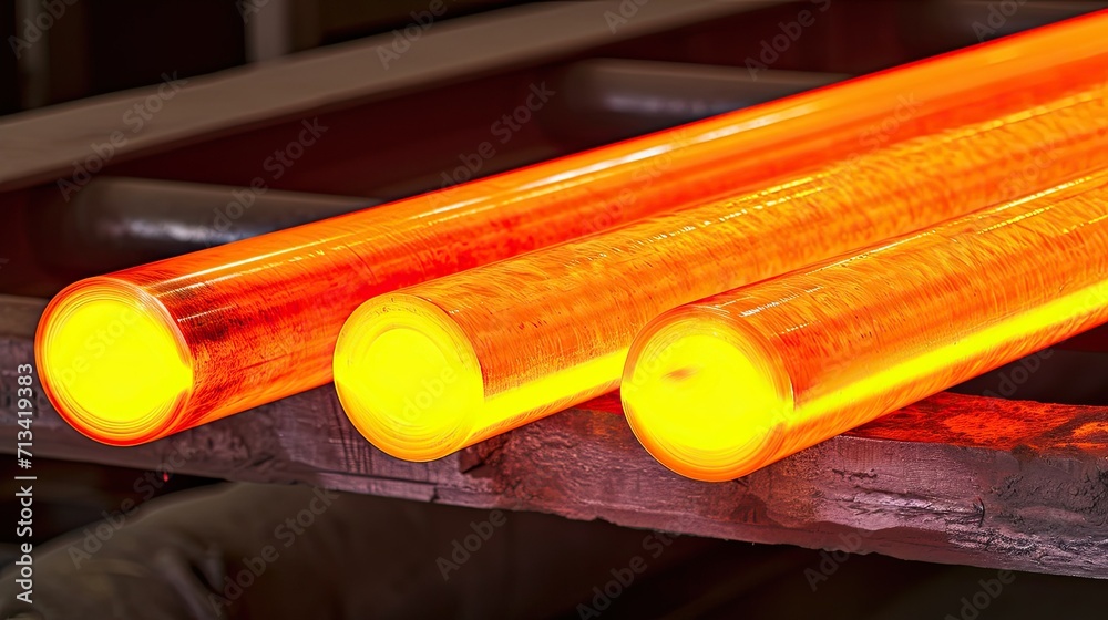 Steel bars being cooled in a water bath after the rolling process ...