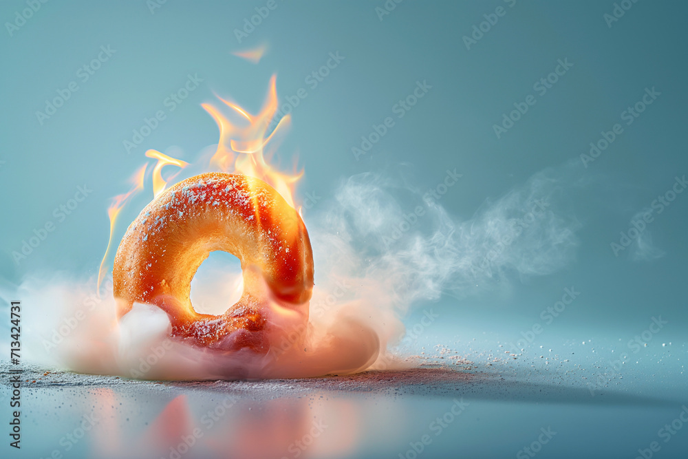 Burning sweet donut, doughnut on fire. Hot baked roll in flames, junk ...