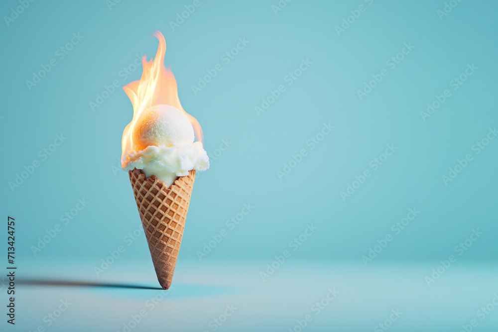 Burning ice cream cone, icecream on fire. Cold summer milk dessert in ...