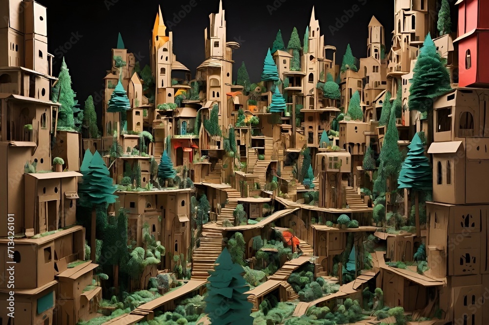 Cardboard Forest City. a city blending seamlessly with a forest of ...
